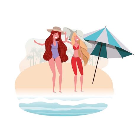 Frauen Mit Badeanzug Am Strand Und Sonnenschirm Kostenlose Vektor