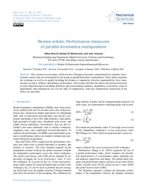 Pdf Review Article Performance Measures Of Parallel Kinematics
