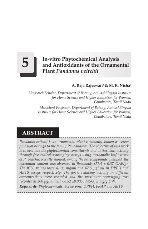 Pdf In Vitro Phytochemical Analysis And Antioxidants Of Ornamental Plant Pandanus Veitchii