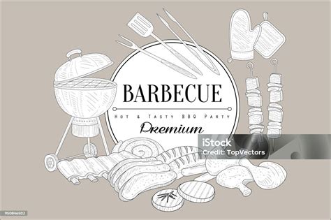 벡터 밑그림 그릴 요리 음식 케밥 닭 다리 갈비 스테이크 쇠고기 돼지고기 소시지와 텍스트에 대 한 장소를 위한 주방 용품 뜨겁고 맛 있는 먹고입니다 바베 큐 테마 고기에