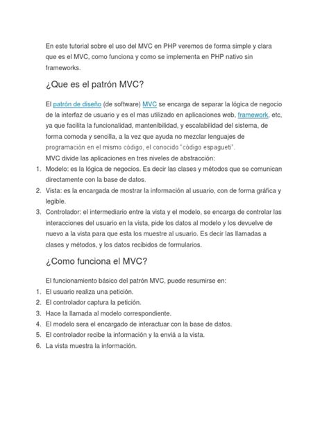Tutorial Sobre El Uso Del Mvc En Php Pdf Modelo Vista