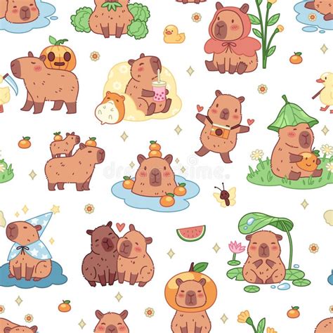 Cartoon Happy Capybaras Seamless Pattern Funny Exotic Animals