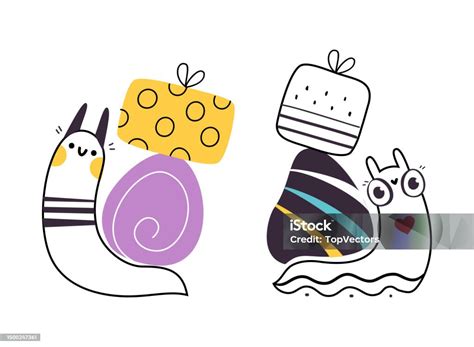 귀여운 달팽이 캐릭터 쉘 운반 선물 상자 그것의 뒤 벡터 세트 달팽이에 대한 스톡 벡터 아트 및 기타 이미지 달팽이 벡터
