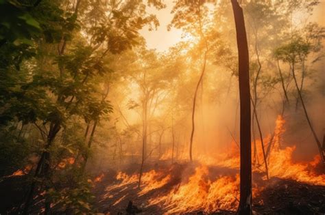 Premium Ai Image Devastating Forest Wildfire With Charred Trees Smoke