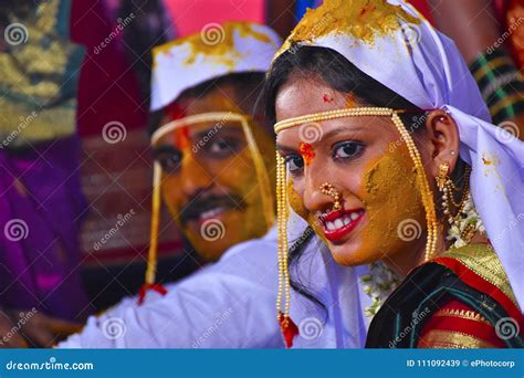 Bride And Groom At Turmeric Ceremony At Indian Wedding Stock Image