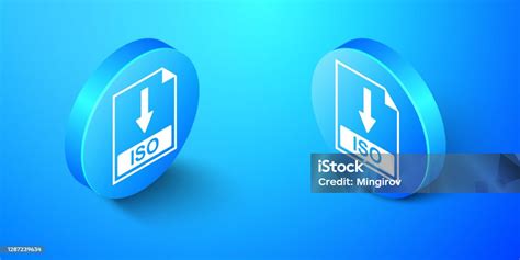 Iso 파일 문서 아이콘입니다 파란색 배경에서 격리된 Iso 버튼 아이콘을 다운로드합니다 파란색 원 버튼입니다 벡터 가상현실에
