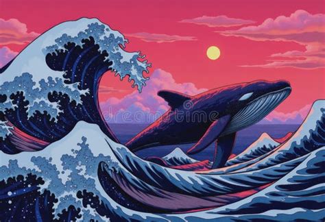 Whale Migration Patterns Illustrated With Vibrant Ocean Waves At Sunset