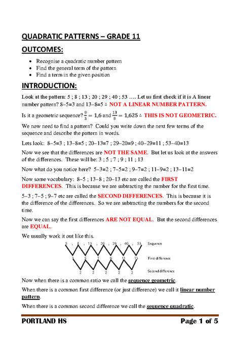 Quadratic Patterns Analysis For Grade 11 2024 Exam Prep Studocu