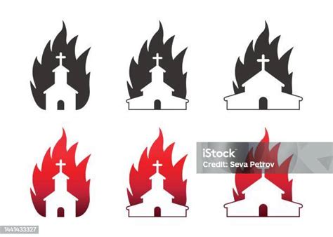 Church On Fire Icon Set Christian Church In Flames Vector Illustration