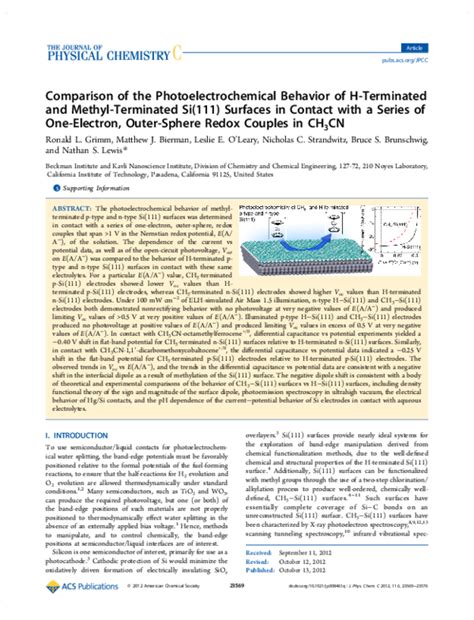 Pdf Comparison Of The Photoelectrochemical Behavior Of H Terminated And Methyl Terminated Si