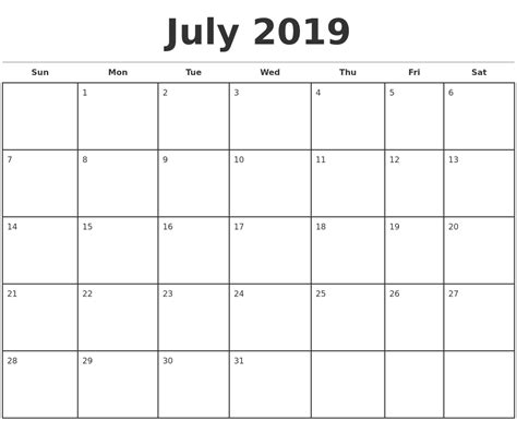 July 2019 Monthly Calendar Template