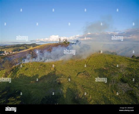 Grassland Fire Aerial View Smoke Of Wildfire Fire In The Bush Of