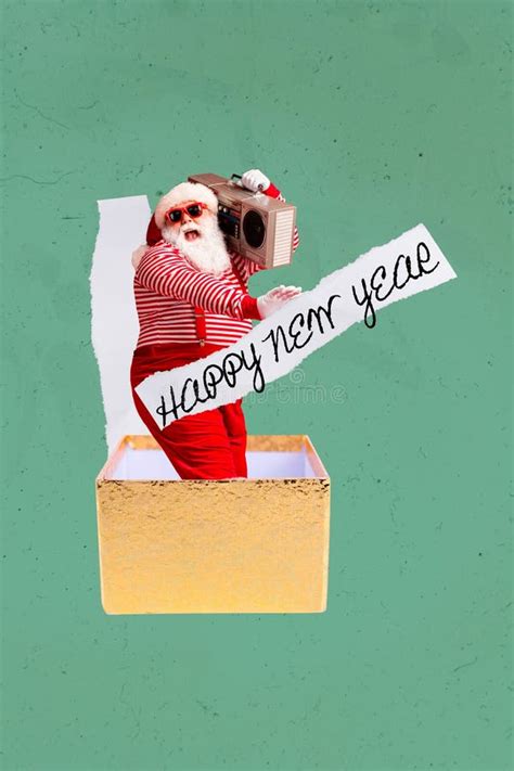 Poster Collage Of Funky Santa Claus From Open Package Prepare For