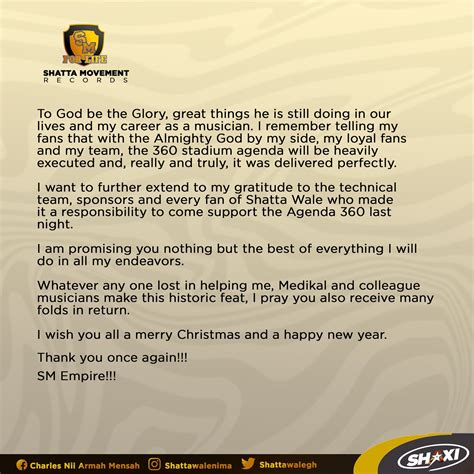 Shatta Wale Thanks All For Helping Execute 360 Stadium Agenda Prime