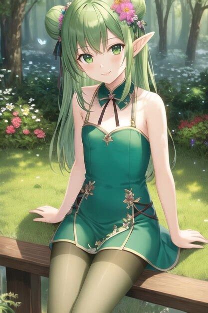 Premium Ai Image A Girl In A Green Dress Sits On A Bench In A Garden