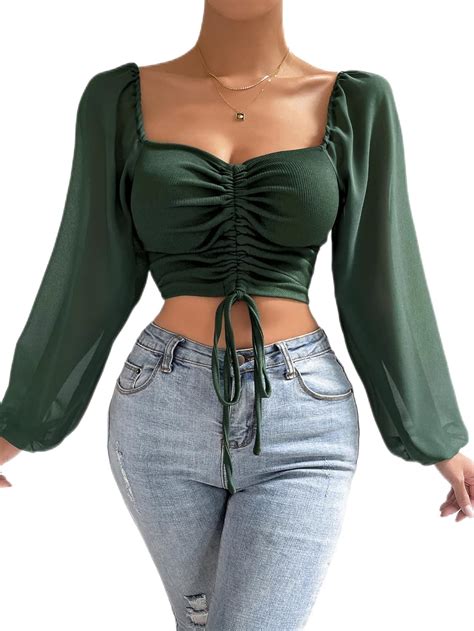Cozyease Womens Lantern Mesh Long Sleeve Drawstring Ruched Bust