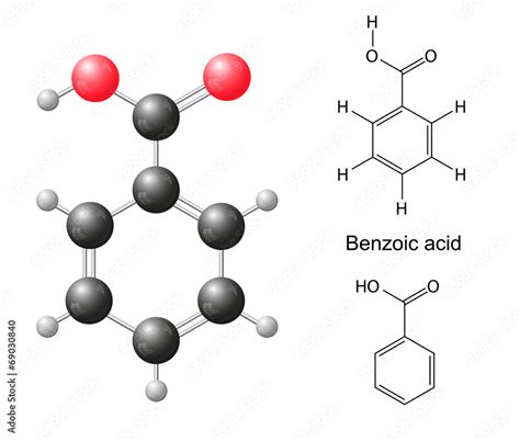 Structural Chemical Formulas And Model Of Benzoic Acid Molecule Stock