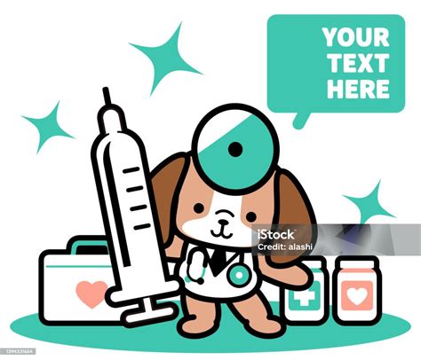 주사기 청진기 응급 처치 키트 및 알약 병을 들고 서있는 귀여운 개 의사 독감 예방접종에 대한 스톡 벡터 아트 및 기타 이미지