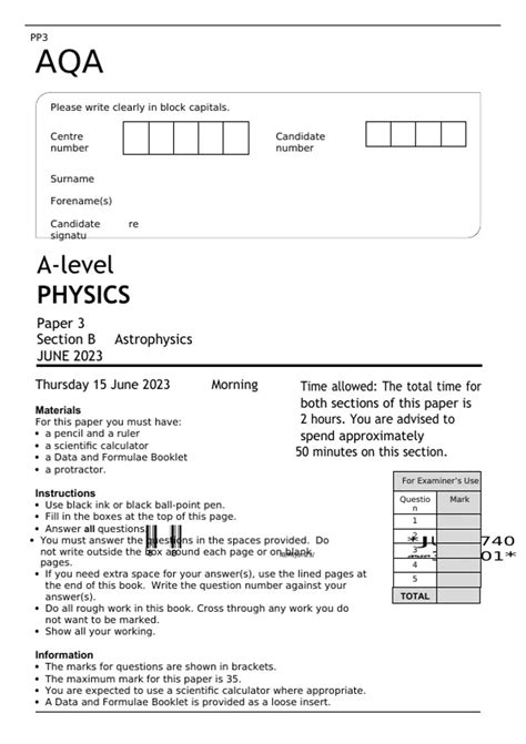 AQA A Level PHYSICS Paper Section B JUNE FINAL QUESTION PAPER Astrophysics AQA PHYSICS