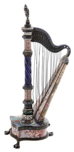 Viennese Enamel Silver Harp Form Clock