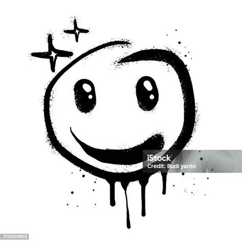 웃는 얼굴 이모티콘 캐릭터입니다 스프레이 그린 낙서 행복 한 얼굴 검은 색 흰색 위에 흰색 배경에 고립되어 있습니다 벡터 일러스트 레이 션 그래피티에 대한 스톡 벡터 아트