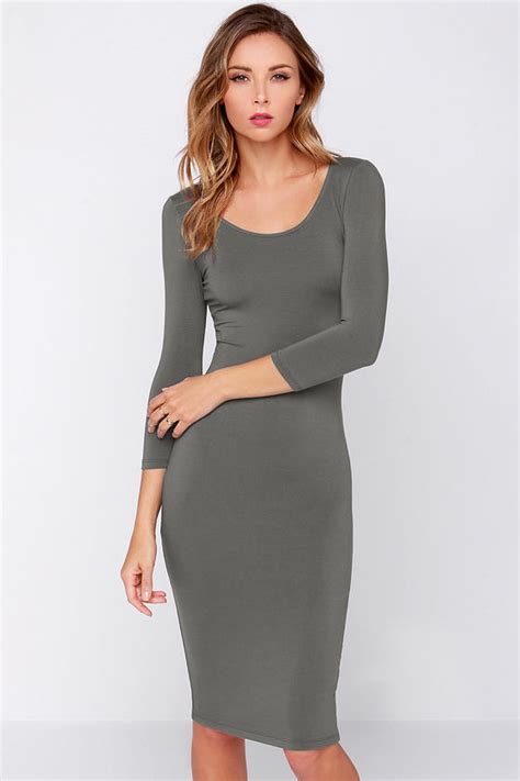 Chic Grey Dress Midi Dress Bodycon Dress 3400 Lulus