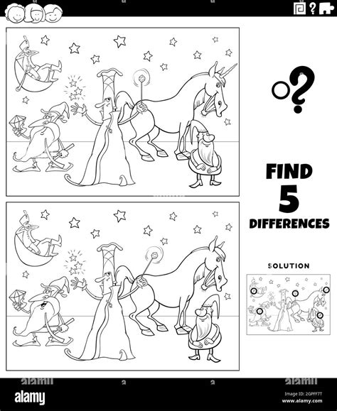 Differences Game With Fantasy Characters Color Book Page Stock Vector