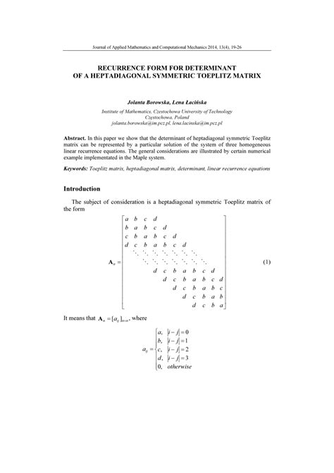 Pdf Recurrence Form For Determinant Of A Heptadiagonal Symmetric
