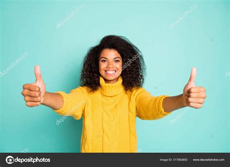 Photo Of Funny Dark Skin Lady Holding Hand Positive Mood Raising Both