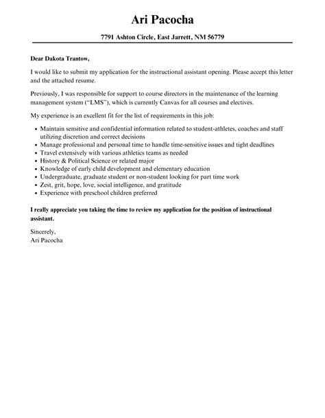 Instructional Assistant Cover Letter Velvet Jobs