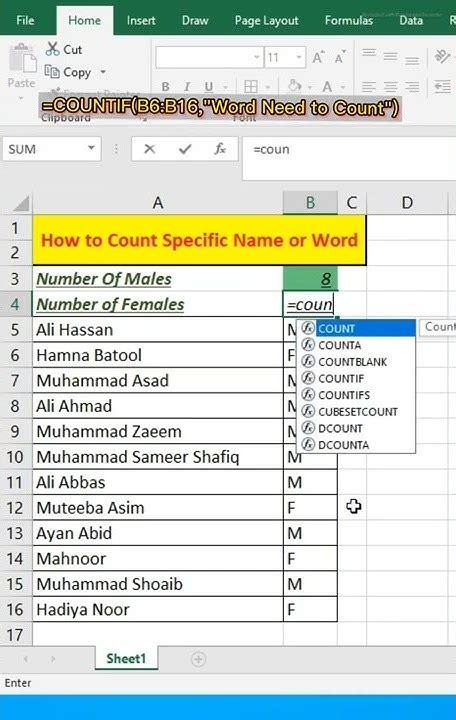Count Number Of Repeated Words Or Names In Excel Shorts Tips Tricks Youtube