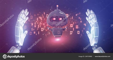 cyborg hand holding virus chatbot with binary code 3d rendering — stock