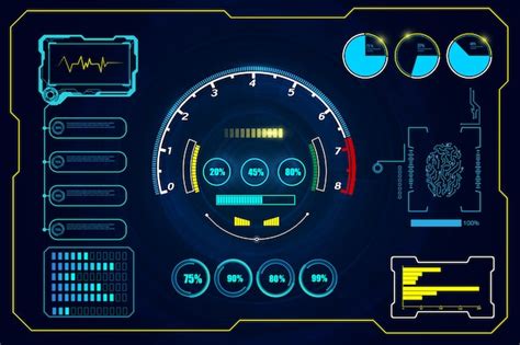 未来的なホログラムui。インフォグラフィックグラフインターフェイス、仮想hudフレーム、デジタルバーレギュレータ、科学ホログラムボタンアイコン