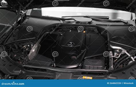 Closeup Shot Of A Black Mercedes Benz S Class Six Cylinder Engine