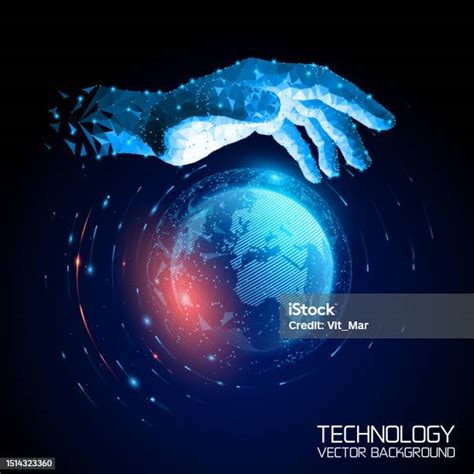 벡터 짙은 파란색 추상 기술 배경입니다 인간의 손이 지구를 덮고 있습니다 미래 지향적인 다각형 이미지입니다 현대 기술 역동성과 움직임 가상 현실 및 나노 기술 신경얼기에