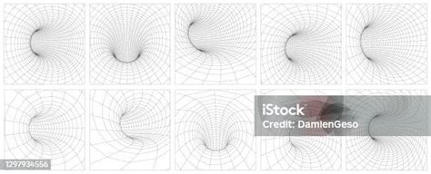 그리드 웜홀 와이어프레임 터널 3d 중력 양자 벡터 웜홀 일러스트레이션 특이성 추상 블랙홀 소용돌이 개념 3d 일러스트레이션 Eps 10 0명에 대한 스톡 벡터 아트 및