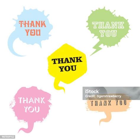 벡터 만화 음성 거품 유행 플랫 스타일에서의 설정 손으로 그려 당신을 감사 하는 문구를 말풍선의 컬렉션 질감된 페인트 브러시 및 스트로크 사용 감사에 대한 스톡 벡터 아트