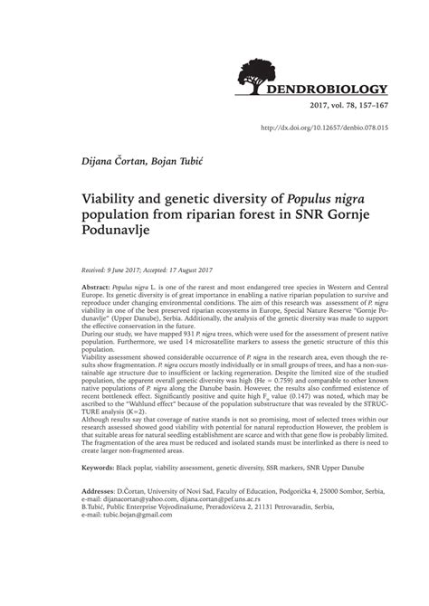Pdf Viability And Genetic Diversity Of Populus Nigra Population From Riparian Forest In Snr