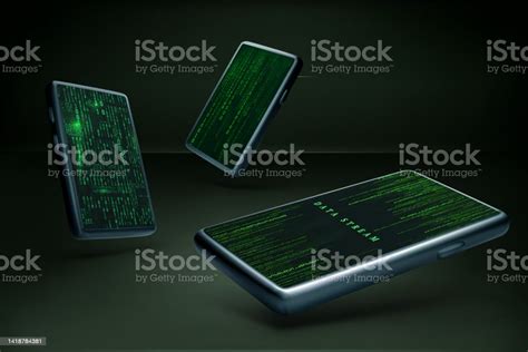 set of 3d mobile phone with binary data stream in matrix style on