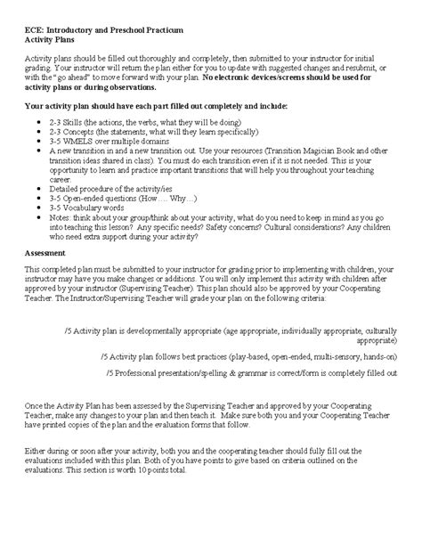 Activity Plan Assignment Sheet Ece Introductory And Preschool