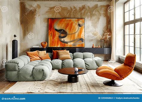 Orange Lounge Chair And Green Modular Sofa Against Stucco Wall With Big