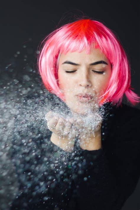 Young Cheerful Woman In A Pink Wig Stock Image Image Of Attractive