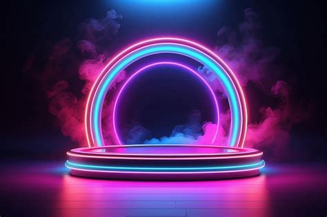 Premium Photo Neon Glowing Circle Frame Stand In Darkness With Fog