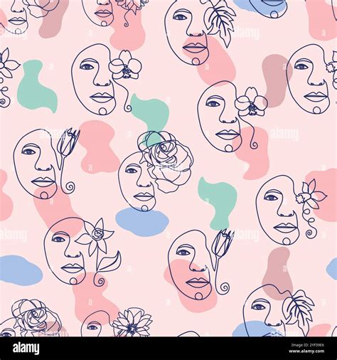 Female Portrait Outline Woman Face Abstract Flowers Leaves Line Continuous Drawing Vector