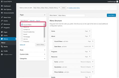 How To Add To The Main Menu Council Website Documentation