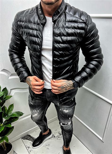 Мъжко черно яке с качулка промазка и еко кожа K217 Boutique Milano