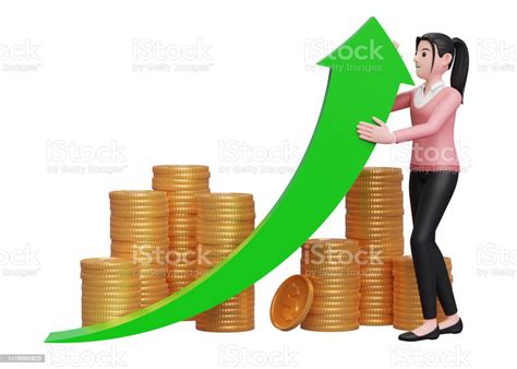 분홍색 스웨터의 달콤한 소녀는 금화 더미 장식품으로 녹색 화살표를 빗나가고 달러 동전을 들고 스웨터에있는 비즈니스 여성의 3d