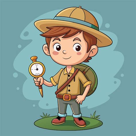 Cartoon Vector Art Of Cute Boy As An Explorer With A Compass Drawing