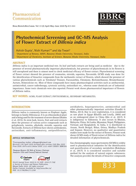 PDF Phytochemical Screening And GC MS Analysis Of Flower Extract Of Dilleniaindica