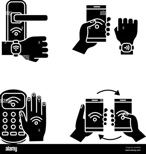NFC Technology Glyph Icons Set Near Field Door Lock Bracelet Payment Terminal Data Transfer